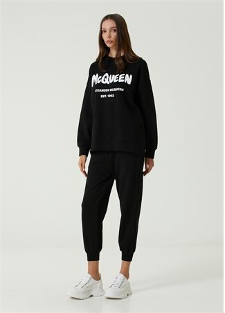 Alexander McQueen Kadın Siyah Beyaz Logo Baskılı Sweatshirt 46 IT