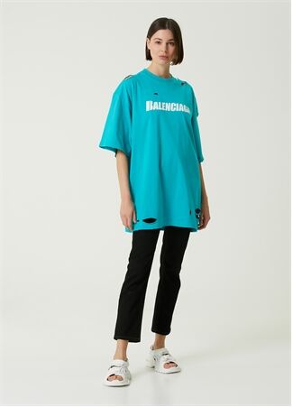 Balenciaga Kadın Mavi Logo Baskılı Yıpratma Detaylı T-shirt S EU Balenciaga Kadın Mavi Logo Baskılı Yıpratma Detaylı T-shirt S EU