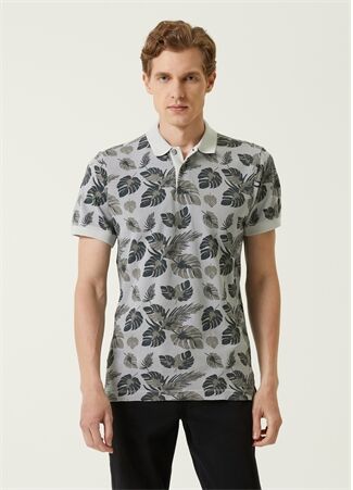 Hemington Erkek Gri Polo Yaka Yaprak Desenli T-shirt L Eu