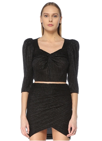 IRO Kadın Siyah V Yaka Simli Drapeli Crop Bluz 34 FR