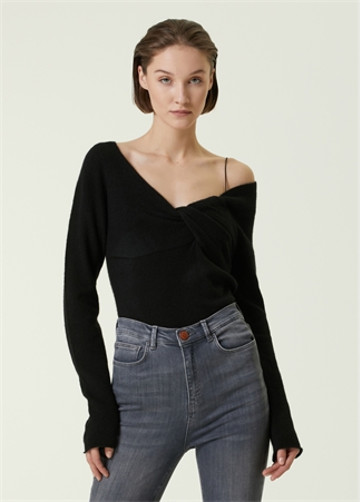 Helmut Lang Kadın Siyah Asimetrik Yaka Yün Bluz L EU