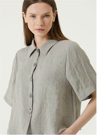 Emporio Armani Kadın Gri Kısa Kol Keten Gömlek Bej 42 IT