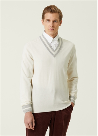 Brunello Cucinelli Erkek Beyaz V Yaka Kaşmir Triko 50 IT Brunello Cucinelli Erkek Beyaz V Yaka Kaşmir Triko 50 IT