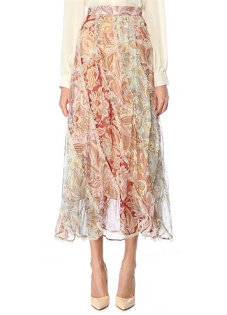 Zimmermann Kadın Colorblocked Desenli Fırfırlı Midi İpek Etek 0 US