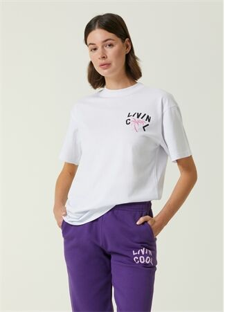 Livincool Kadın Beyaz Bisiklet Yaka Baskılı T-shirt XS EU