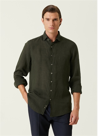 Network Erkek Comfort Fit Haki Keten Gömlek 42 EU