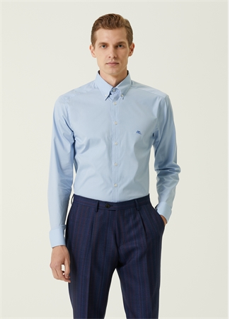 Etro Erkek Mavi Düğmeli Yaka Manşeti Etnik Desenli Gömlek 38 IT