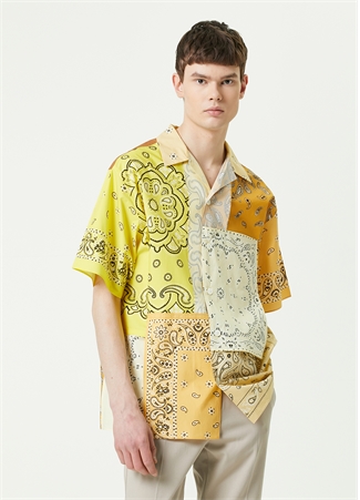 Kenzo Erkek Sarı Etnik Desenli Kısa Kollu Gömlek S EU