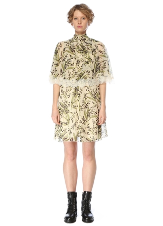 Red Valentino Kadın Ekru Çiçekli Pelerin Detaylı Mini Elbise Bej 42 IT