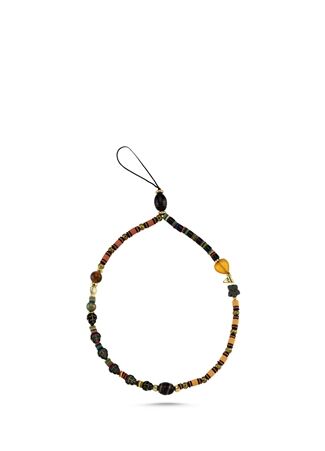 Berrin Özkan Kadın Kahve Krem Boncuklu Kısa Telefon Askısı Kahverengi EU