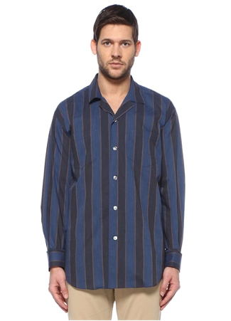 Pal Zileri Erkek Lacivert Kamp Yaka Çizgi Desenli Gömlek Gri 4 IT