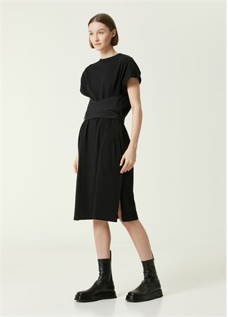 Moncler Kadın Siyah Kemerli Midi Elbise XS EU