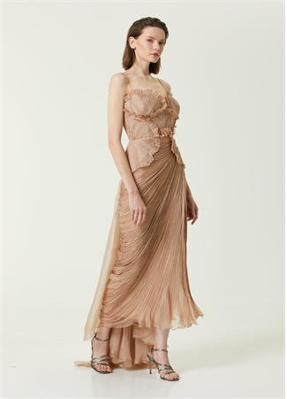 Maria Lucia Hohan Kadın Ellery Bej Fırfırlı Drapeli Midi İpek Abiye Elbise 34 FR