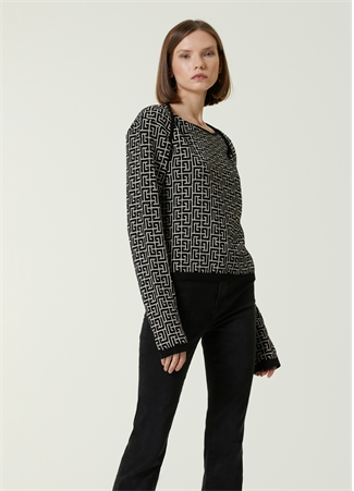 Balmain Kadın Siyah Beyaz Desenli Merino Kazak 36 FR Balmain Kadın Siyah Beyaz Desenli Merino Kazak 36 FR