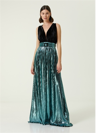 Nur Karaata Kadın Metalik Mavi Sırt Detaylı Maksi Abiye Elbise S EU