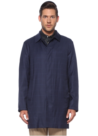 Pal Zileri Erkek Lacivert Polo Yaka Kareli Yün Palto 50 IT