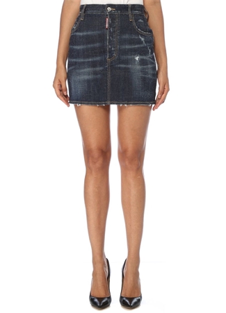 Dsquared2 Kadın Dalma Taş Baskılı Mini Jean Etek Mavi 42 IT