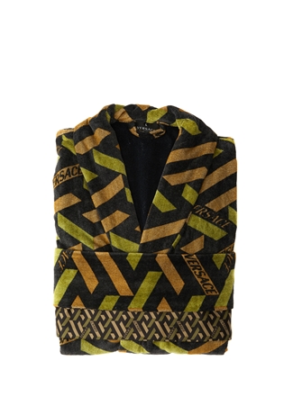Versace Siyah Haki Geometrik Desenli Logolu Bornoz