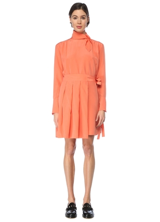Victoria by Beckham Kadın Somon Dik Yaka Pilili Mini İpek Elbise Turuncu 8 US Victoria by Beckham Kadın Somon Dik Yaka Pilili Mini İpek Elbise Turuncu 8 US