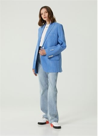 Off-White Kadın Mavi Tek Düğmeli Keten Ceket 38 IT