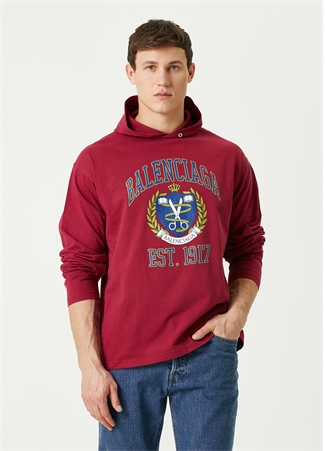 Balenciaga Erkek Bordo Kapüşonlu Logolu Sweatshirt US