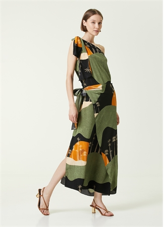 Johanna Ortiz Kadın Yeşil Desenli Asimetrik Maksi İpek Elbise Siyah 2 US