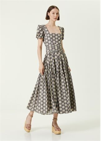 Faraway Kadın Moab Bej Siyah Desenli Midi Elbise 34 Eu