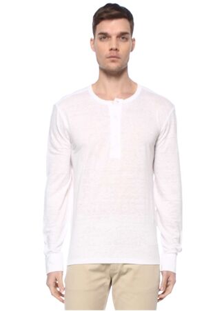 Zegna Erkek Beyaz Bisiklet Yaka Uzun Kol Keten T-shirt 52 IT