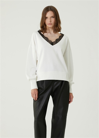 Red Valentino Kadın Ekru Siyah V Yaka Dantel Garnili Sweatshirt Beyaz S EU