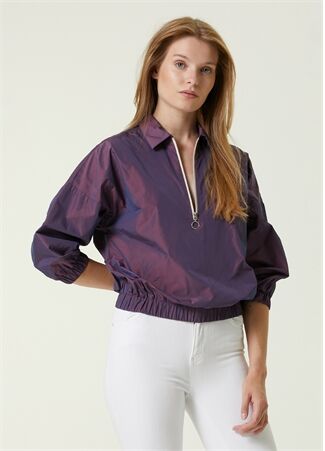 Network Kadın Basic Fit Mor Yakası Fermuarlı Bluz S EU