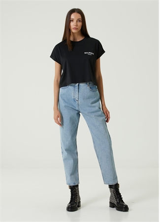 Balmain Kadın Siyah Bisiklet Yaka Logolu T-shirt S EU