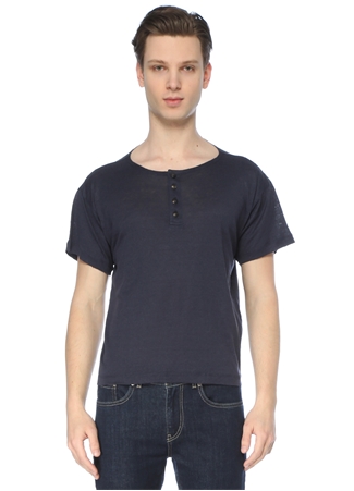 Pal Zileri Erkek Lacivert Düğme Detaylı Keten T-shirt L EU