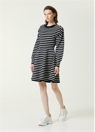 Alexander Mcqueen Kadın Siyah Beyaz Çizgili Midi Yün Elbise Lacivert S Eu