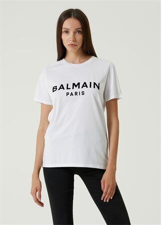 Balmain Kadın Beyaz Bisiklet Yaka Logolu T-shirt S EU