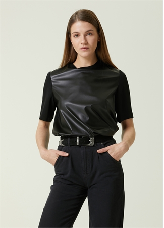 Beymen Club Kadın Siyah Deri Garnili Kısa Kol Krep Bluz S