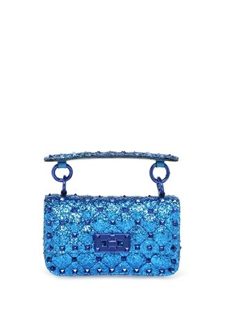 Valentino Garavani Kadın Rockstud Mavi Parlak Dokulu Abiye Çanta EU