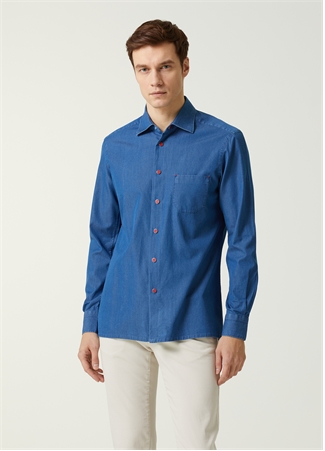 Kiton Erkek Mavi Polo Yaka Denim Gömlek 42 IT Kiton Erkek Mavi Polo Yaka Denim Gömlek 42 IT