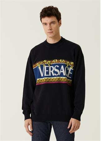 Versace Erkek Siyah Logo Jakarlı Yün Triko 52 IT
