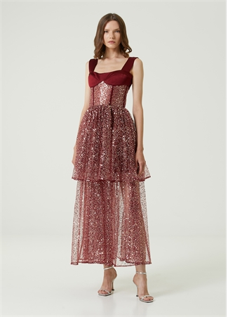 Rasario Kadın Bordo Büstiyer Detaylı Maksi Abiye Elbise Kırmızı 36 IT