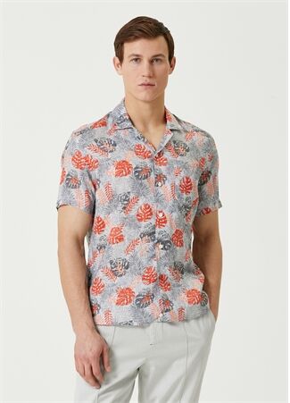 Isaia Erkek Gri Yaprak Desenli Keten Gömlek 39 IT