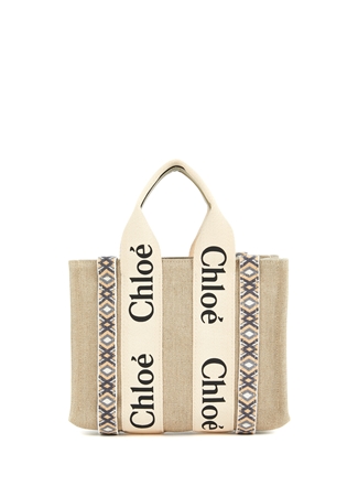 Chloe Kadın Bej Logo Jakarlı Keten Omuz Çantası EU