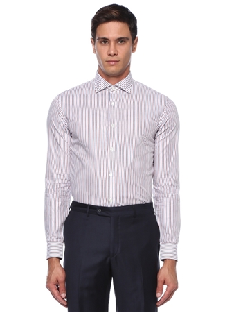 Pal Zileri Erkek Beyaz Bordo Çizgili Kesik Yaka Gömlek 42 IT