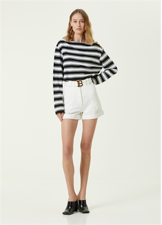 Balmain Kadın Beyaz Kemerli Logolu Jean Şort 36 FR