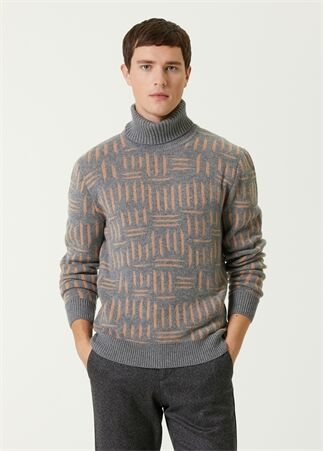 Pal Zileri Erkek Gri Balıkçı Yaka Desenli Kaşmir Kazak 48 IT