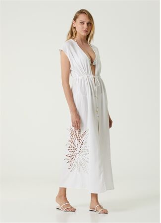 Vix Kadın Beyaz Kesim Detaylı Kaftan XS EU