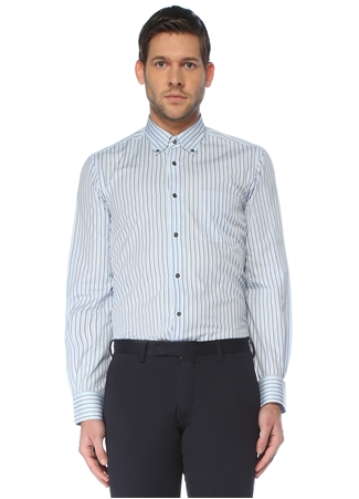 Pal Zileri Erkek Mavi Polo Yaka Çizgili Gömlek 40 IT