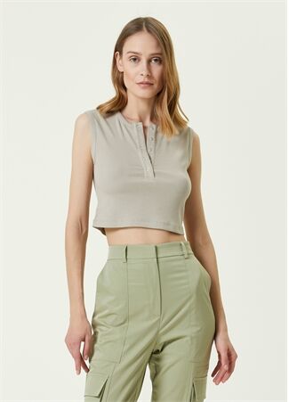 Academia Kadın Vizon Çıtçıtlı Kolsuz Kısa T-shirt Bej S EU