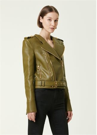 Balmain Kadın Haki Kemerli Kruvaze Deri Ceket 38 FR