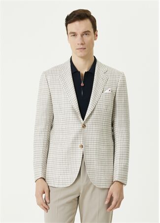 Kiton Erkek Bej Kazayağı Desenli Ceket 48 IT