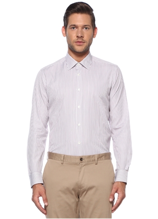 Pal Zileri Erkek Yeşil Beyaz Modern Yaka Çizgi Desenli Gömlek Bordo 40 IT